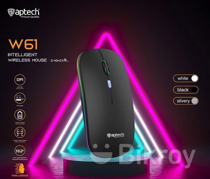 Aptech W61 Wireless Rechargeable Silent RGB Mouse 1Year Warranty for Sale in Narsingdi | Bikroy