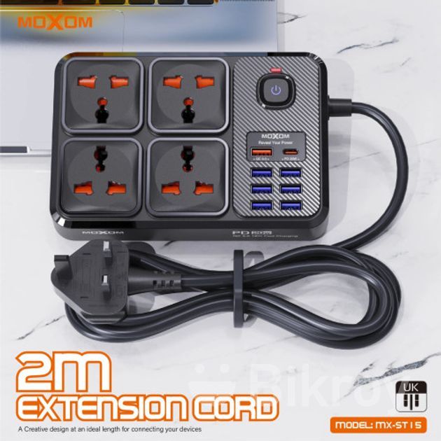 MOXOM MX-ST17 Power Strip 4 Socket 7 USB + 1Type-C 20W 2m Black for Sale in Mirpur | Bikroy